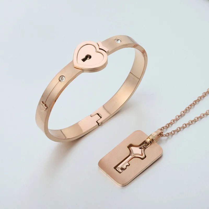 Lock Bracelet Set – Heart Lock Bangle & Key Pendant Necklace | Couples ...