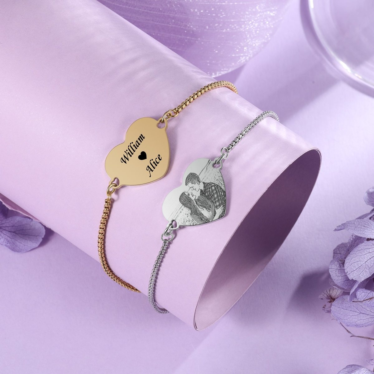 Personalised Bracelet Set, Heart Shaped Photo Engraved Couples Bracele ...